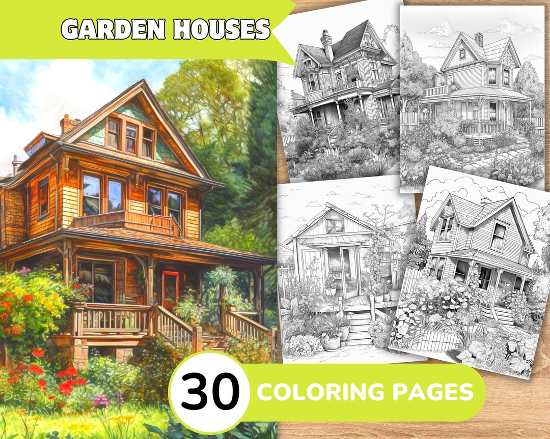 Garden House Coloring Page Book, Garden Grayscale Coloring Book, Garden ...