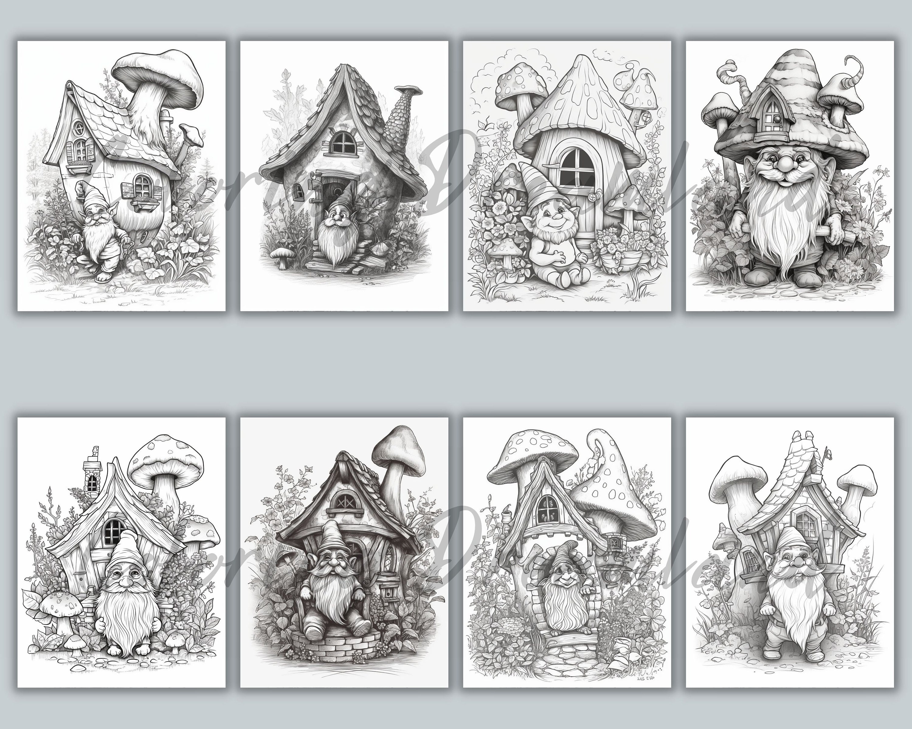 Gnomes Coloring Pages Book, Gnome House Grayscale Coloring Book, Gnome ...