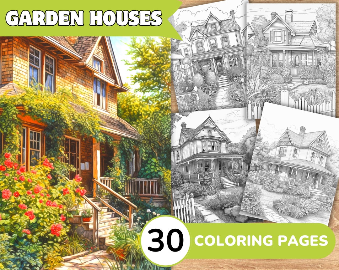 Garden House Coloring Page Book Garden Grayscale Coloring - Etsy