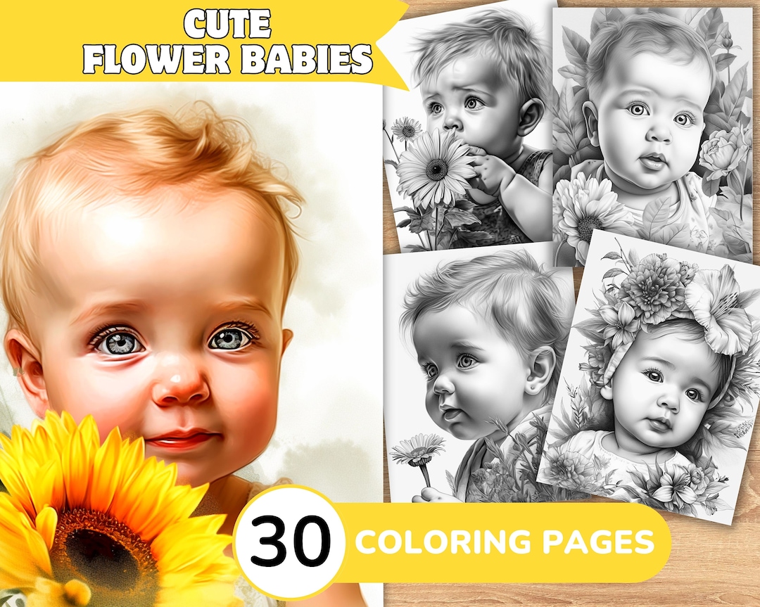 Flower Babies Coloring Pages Book, Cute Babies Grayscale Coloring Book ...