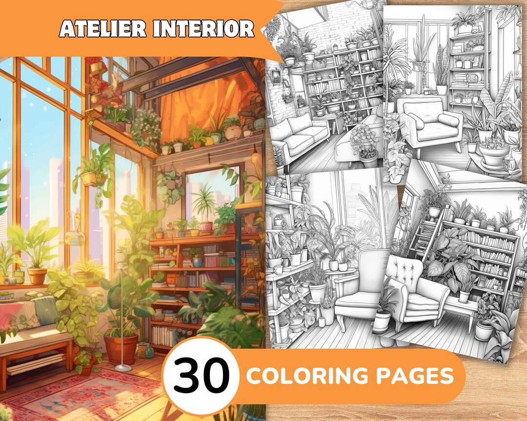 Interior Coloring Pages Book, Grayscale Coloring Book, Coloring ...