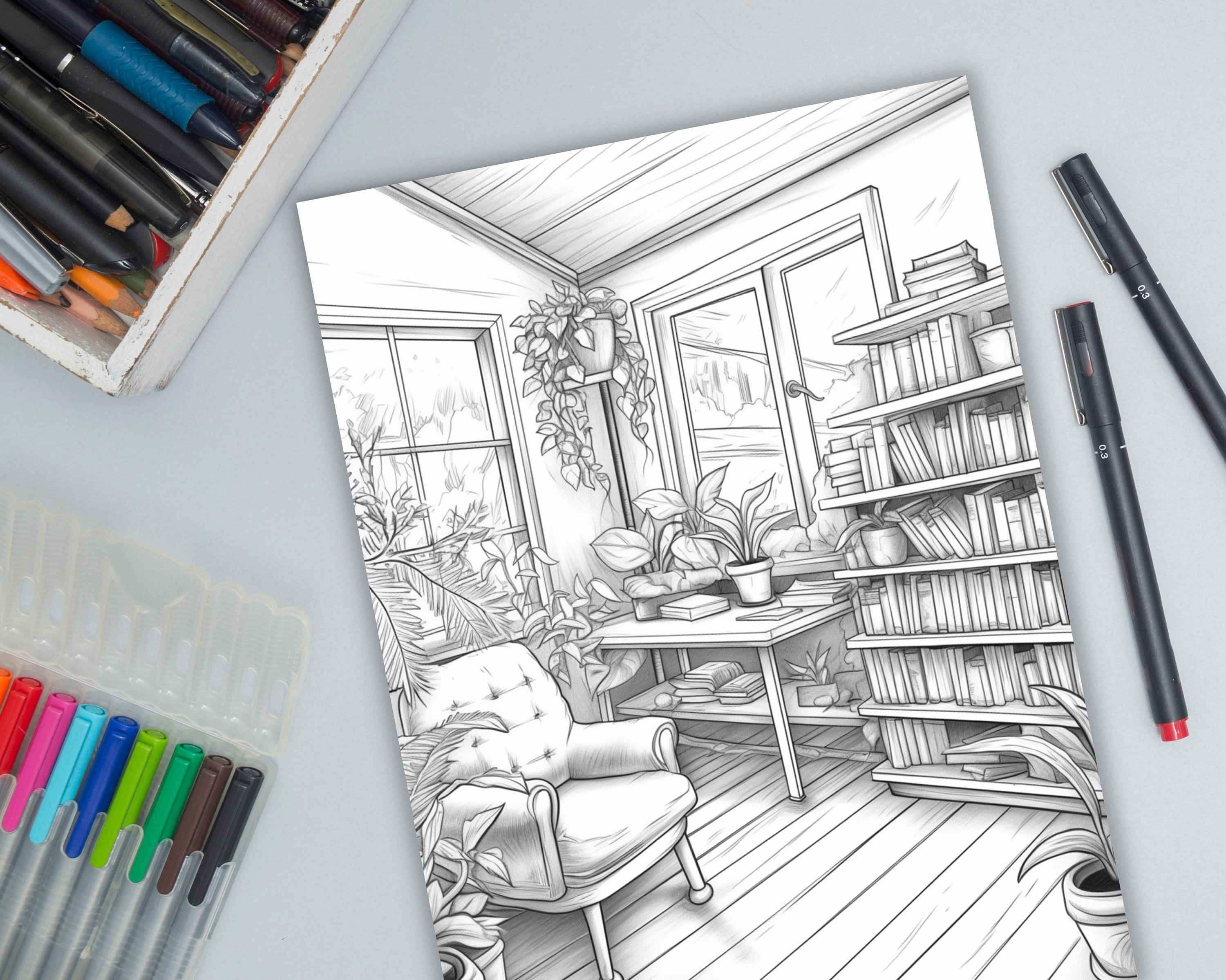 Interior Coloring Pages Book Interior Design Grayscale - Etsy