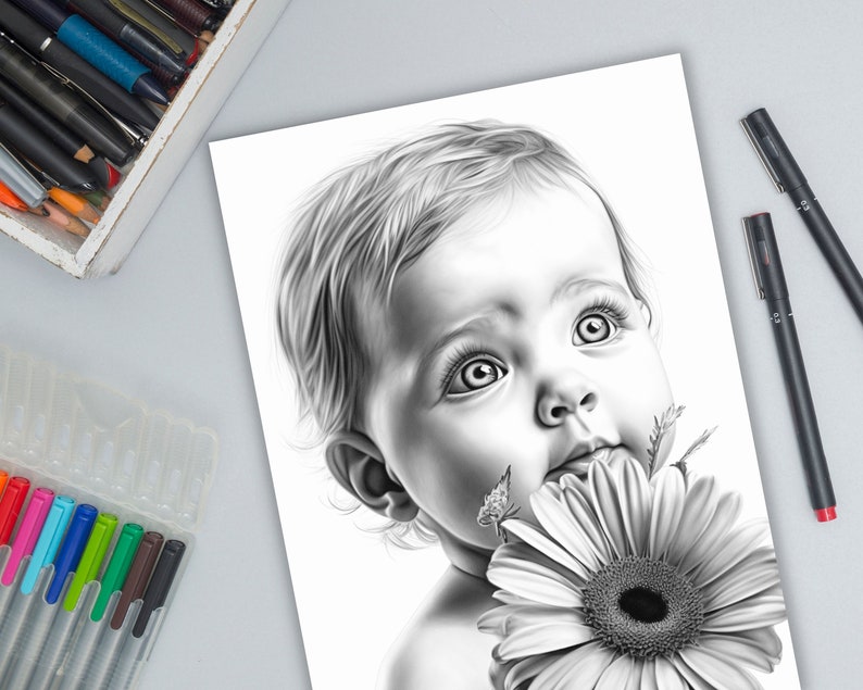 Flower Babies Coloring Pages Book Cute Babies Grayscale - Etsy