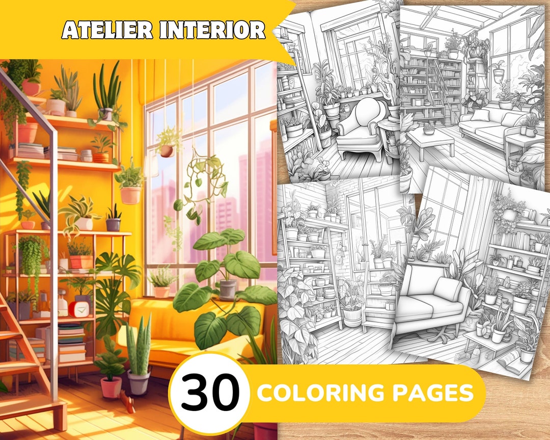 Interior Coloring Pages Book, Interior Design Grayscale Coloring Book ...