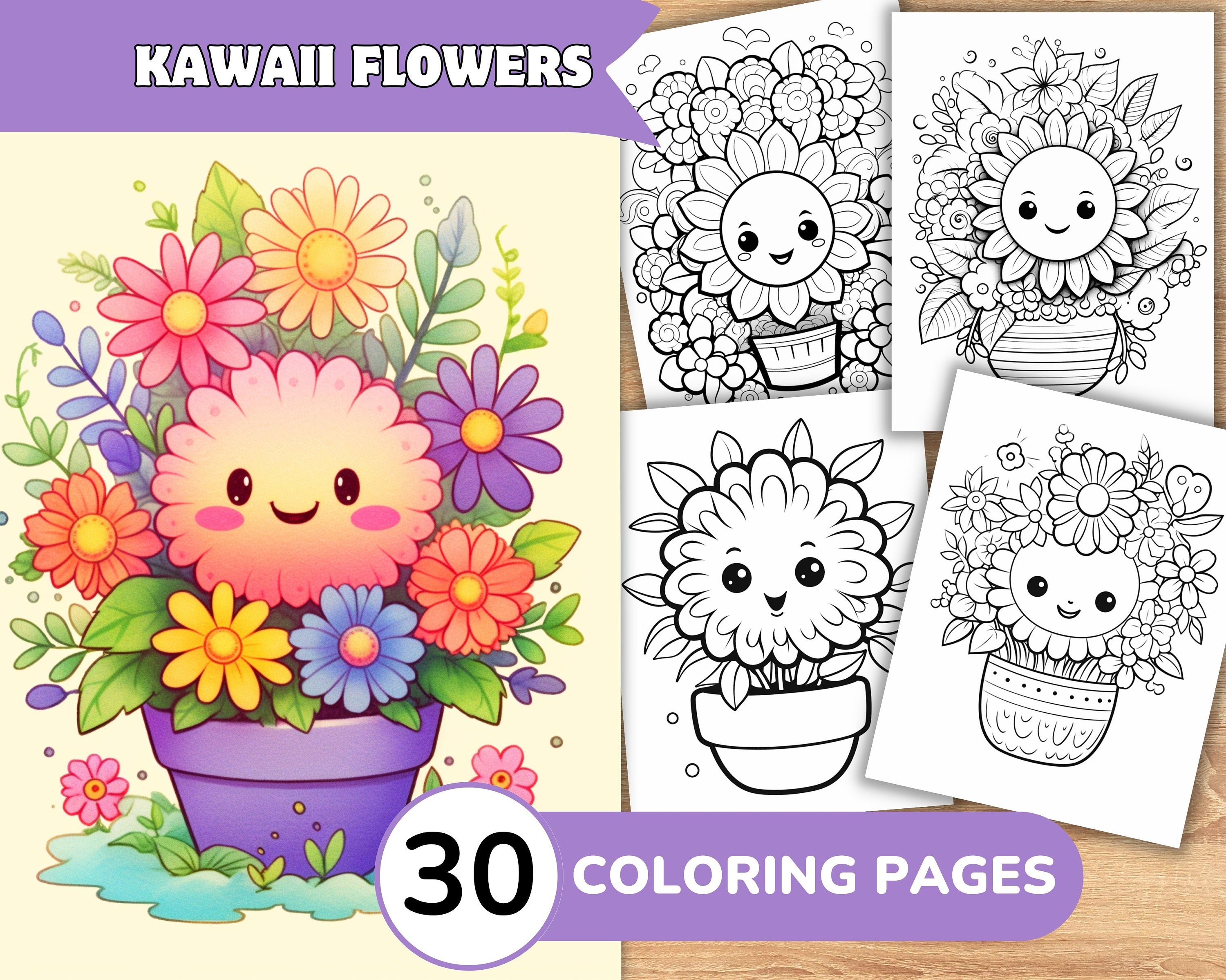 Kawaii Coloring Pages, Kawaii Coloring Book, Kawaii Flower Coloring ...