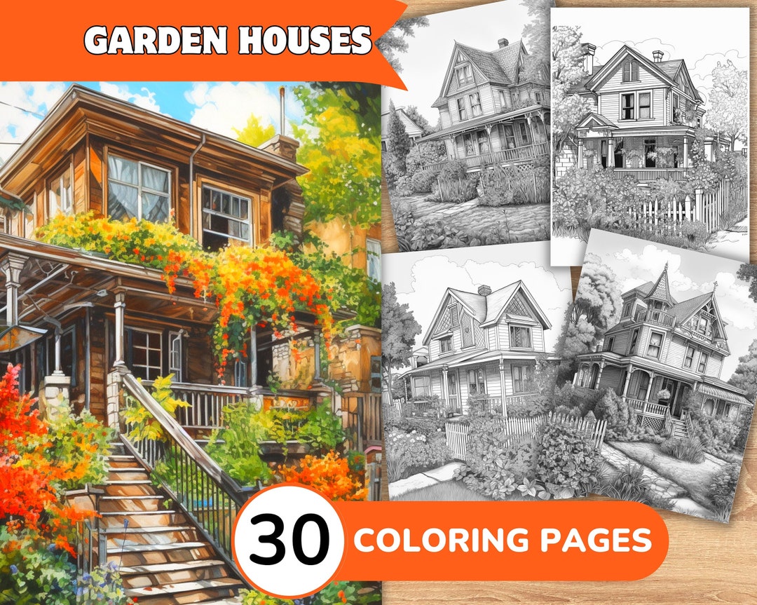 Garden House Coloring Page Book, Backyard Home Grayscale Coloring Book ...