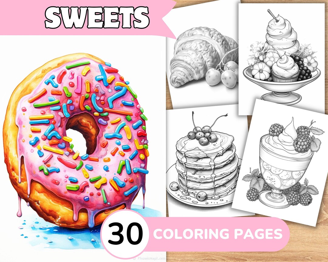 Sweet Coloring Pages Book, Sweet Grayscale Coloring Book, Sweet ...