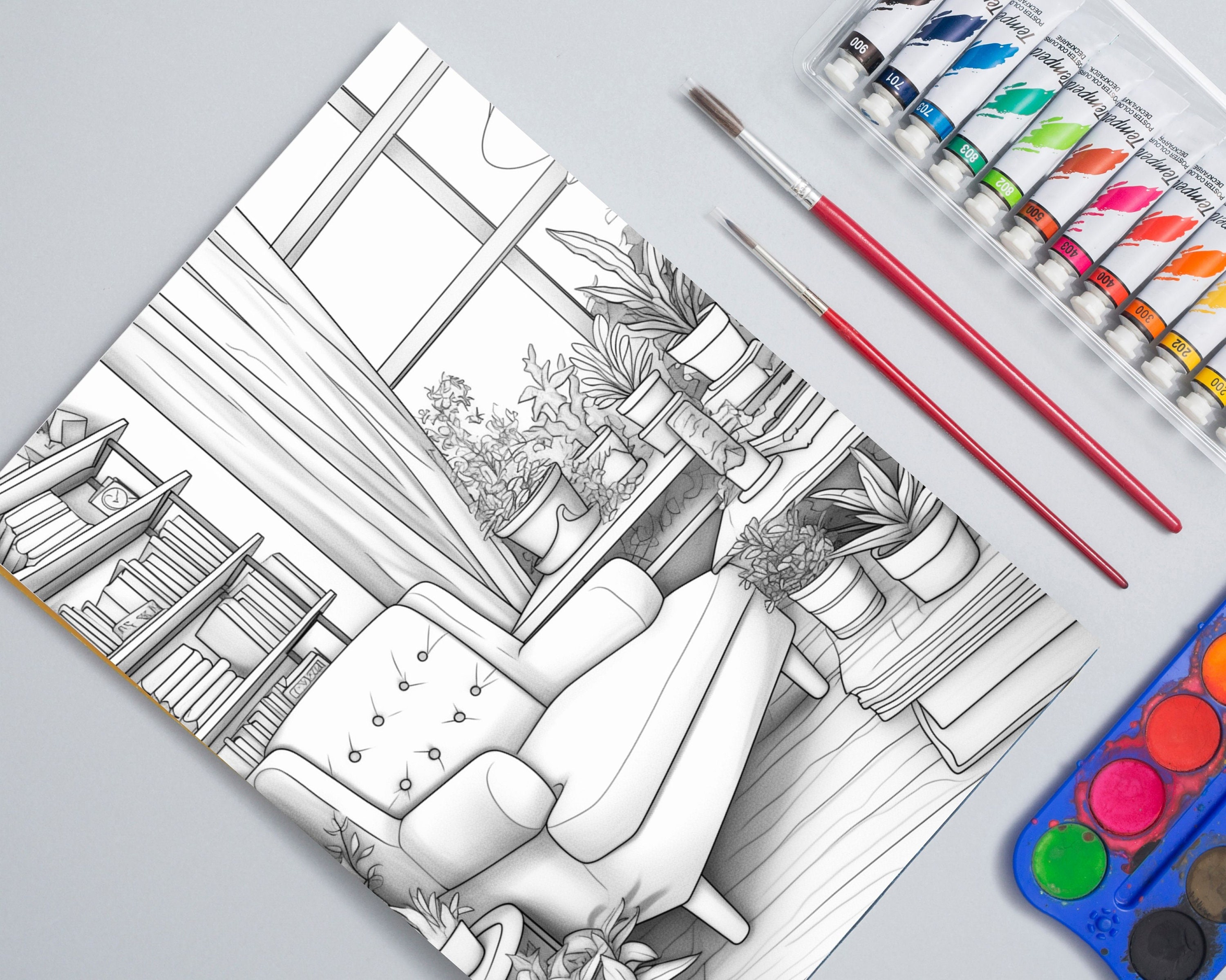 Interior Coloring Pages Book, Interior Design Grayscale Coloring Book ...