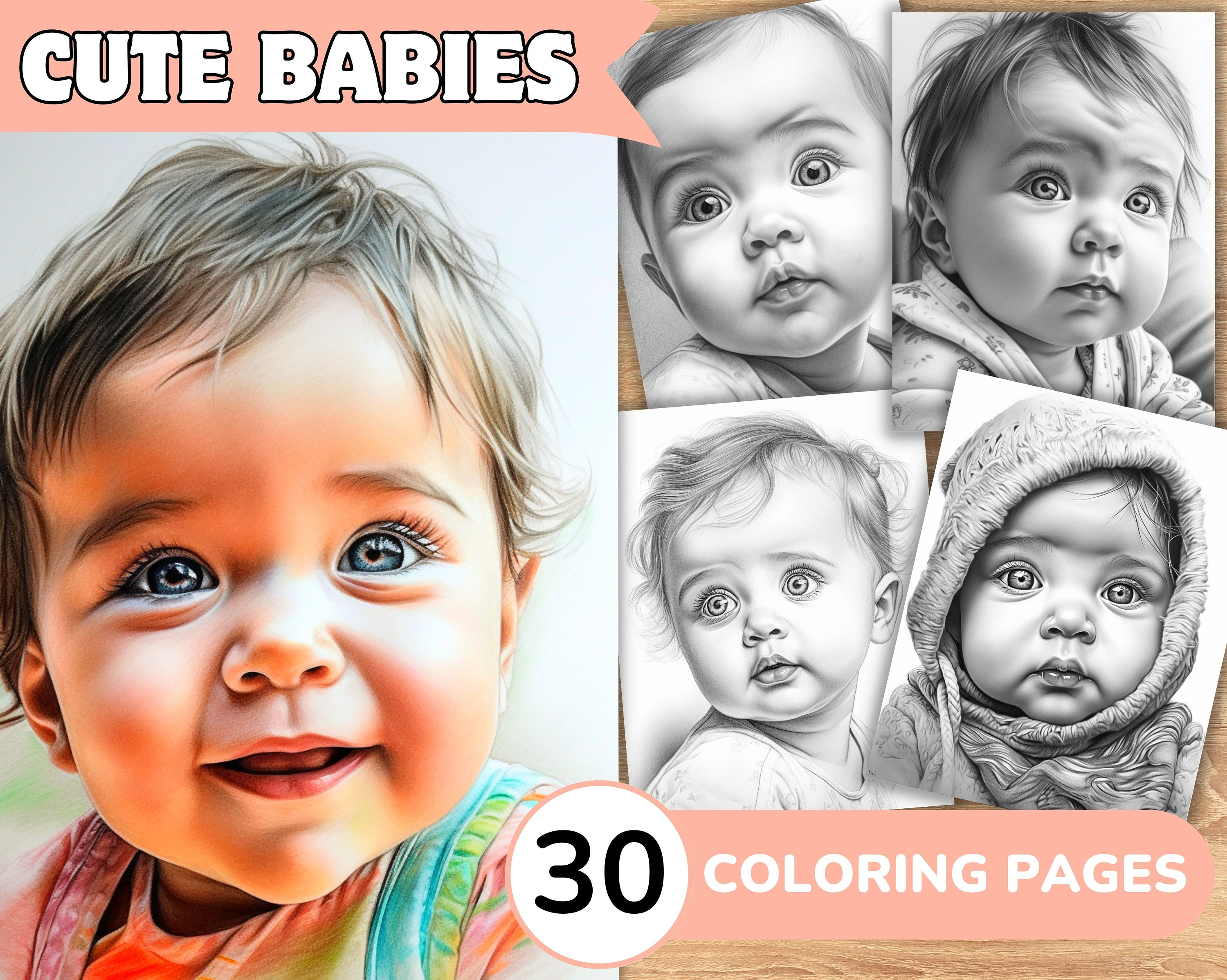 Cute Babies Coloring Pages Book Babies Grayscale Coloring - Etsy