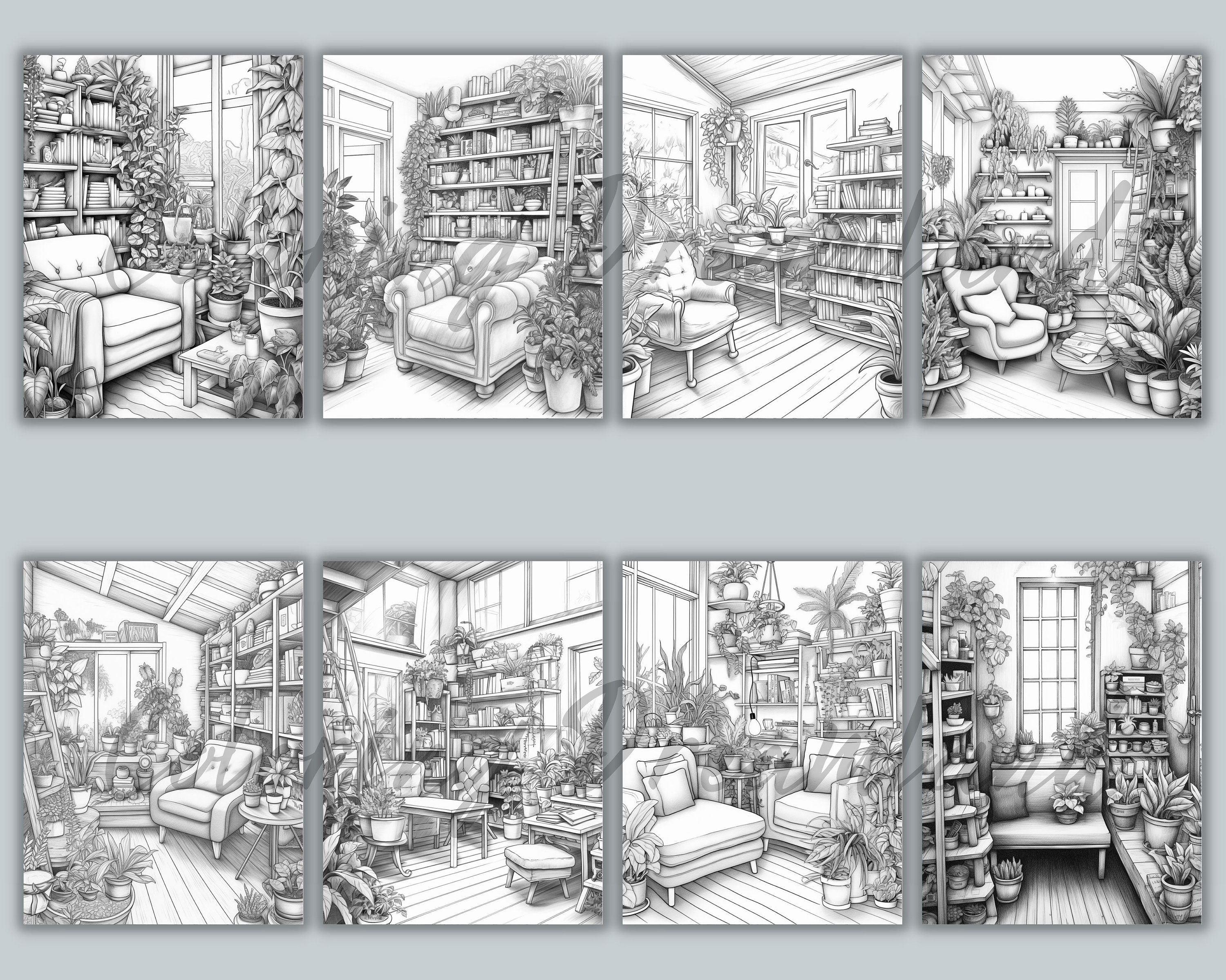 Interior Coloring Pages Book, Interior Design Grayscale Coloring Book ...