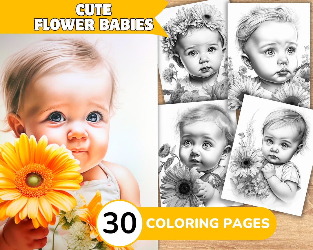 Flower Babies Coloring Pages Book, Cute Babies Grayscale Coloring Book ...