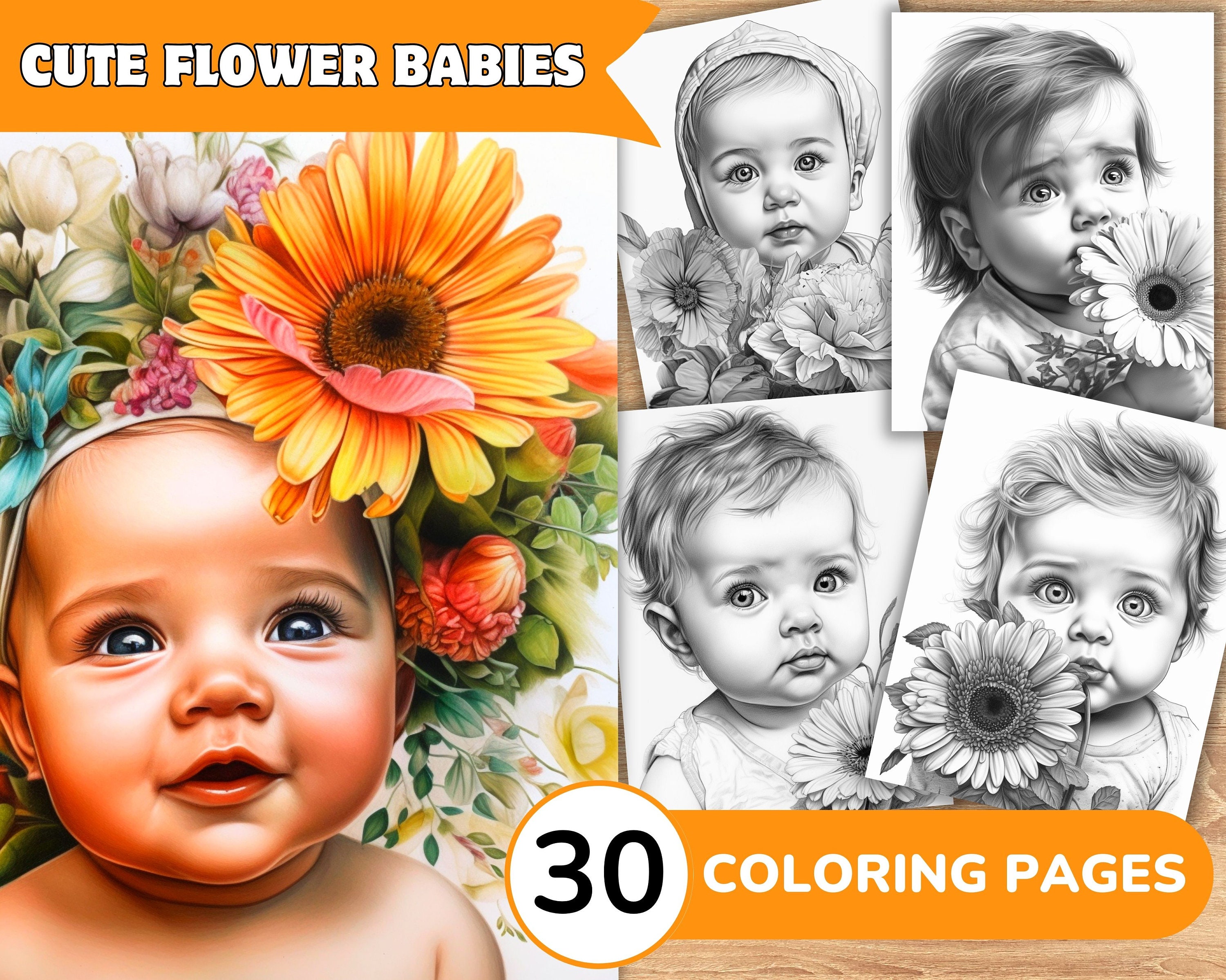 Flower Babies Coloring Pages Book Cute Babies Grayscale - Etsy