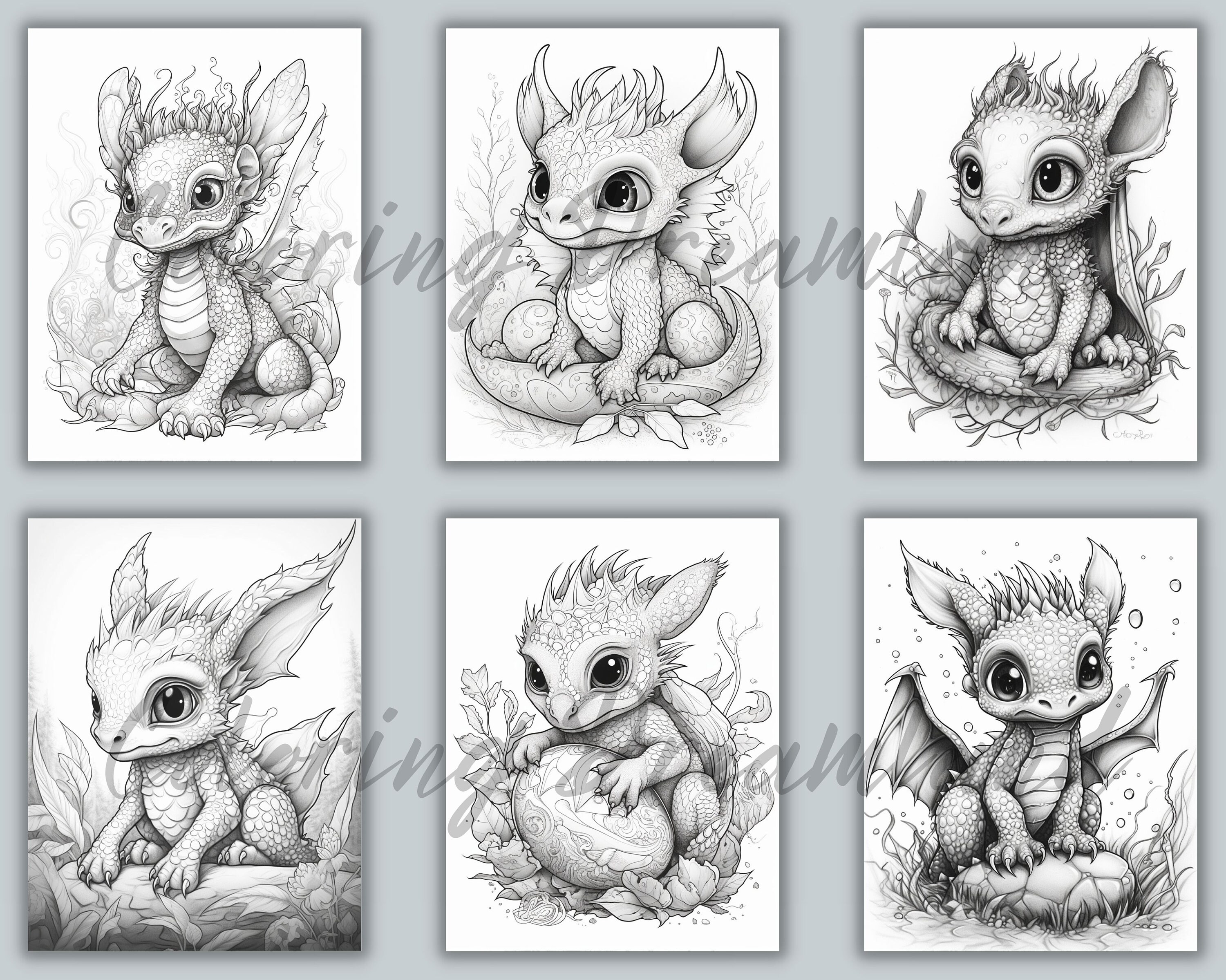 Dragon Coloring Pages Book Cute Dragon Grayscale Coloring - Etsy