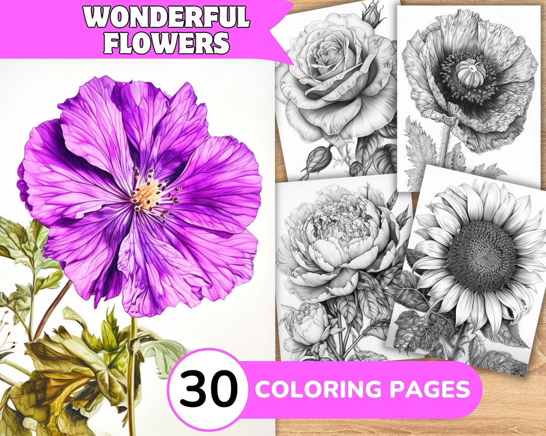 Flowers Grayscale Coloring Pages Book, Beautiful Flowers Grayscale ...