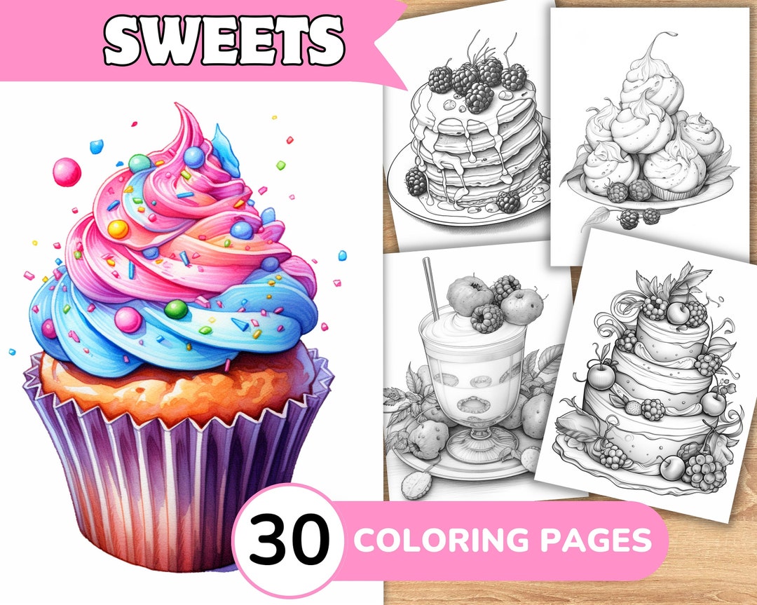 Sweet Coloring Pages Book, Sweet Grayscale Coloring Book, Sweet ...
