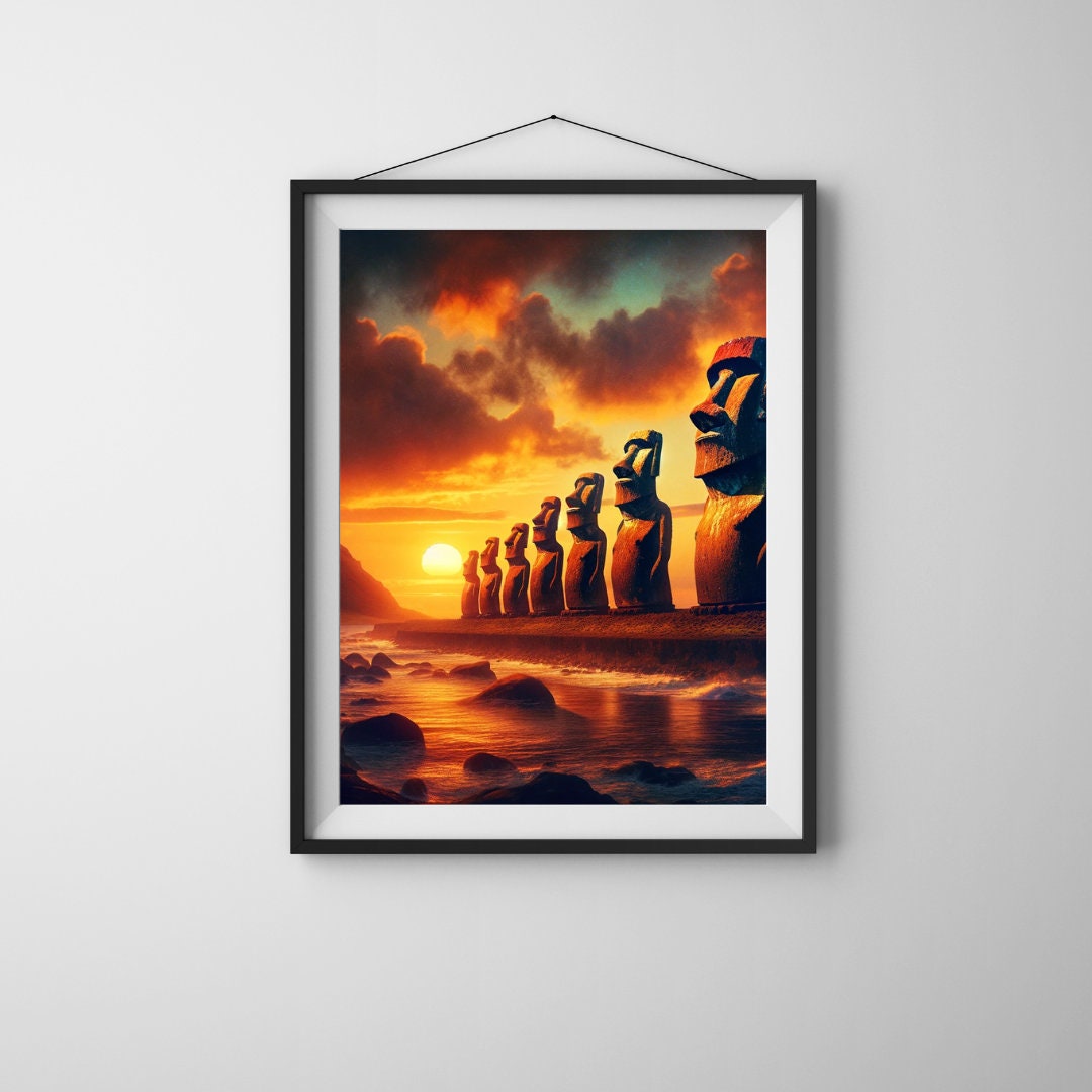 Easter Island Moai Statues at Sunset - Digital Print, Polynesian Art ...