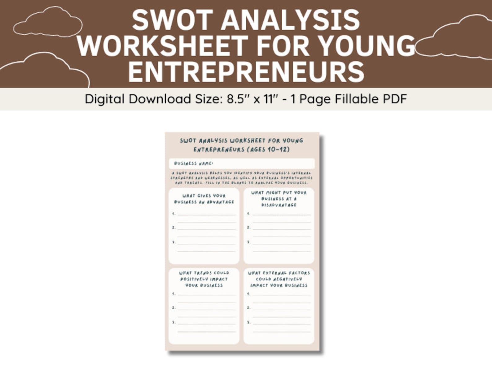 SWOT Analysis Worksheet for Young Entrepreneurs 10-12 Years Old - Etsy