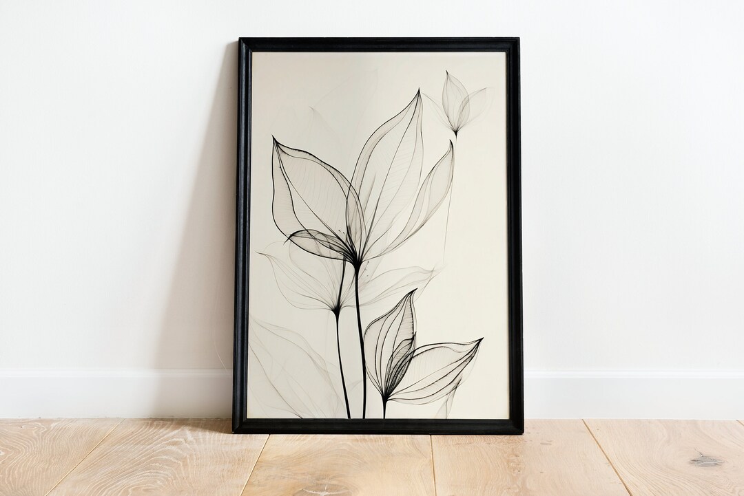 Flowers X-ray Line Drawing Black Lines & White Background Digital Print ...
