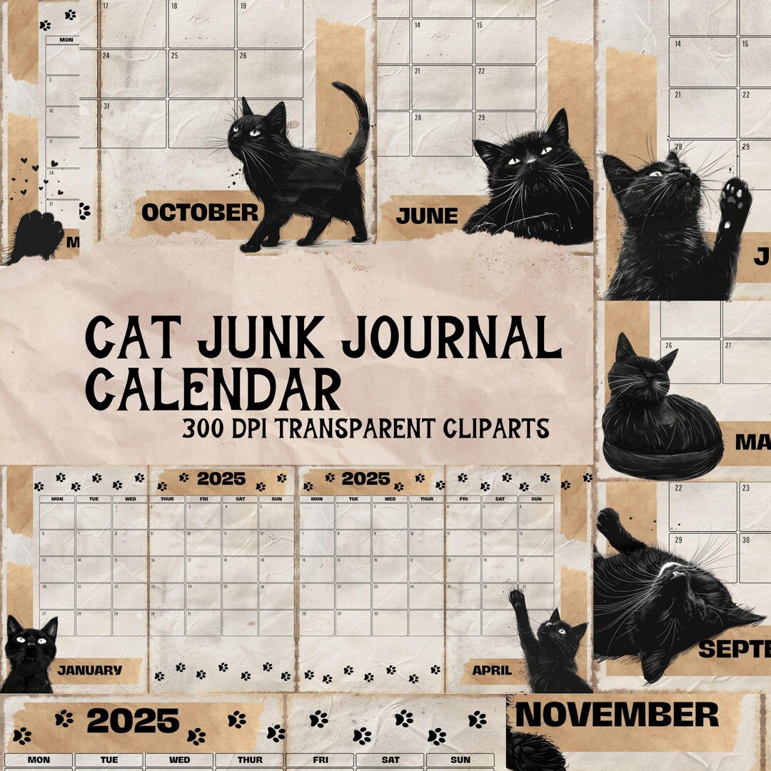 Junk Journal Calendar, Black Cat Junk Journal Spread, Digital Planner ...