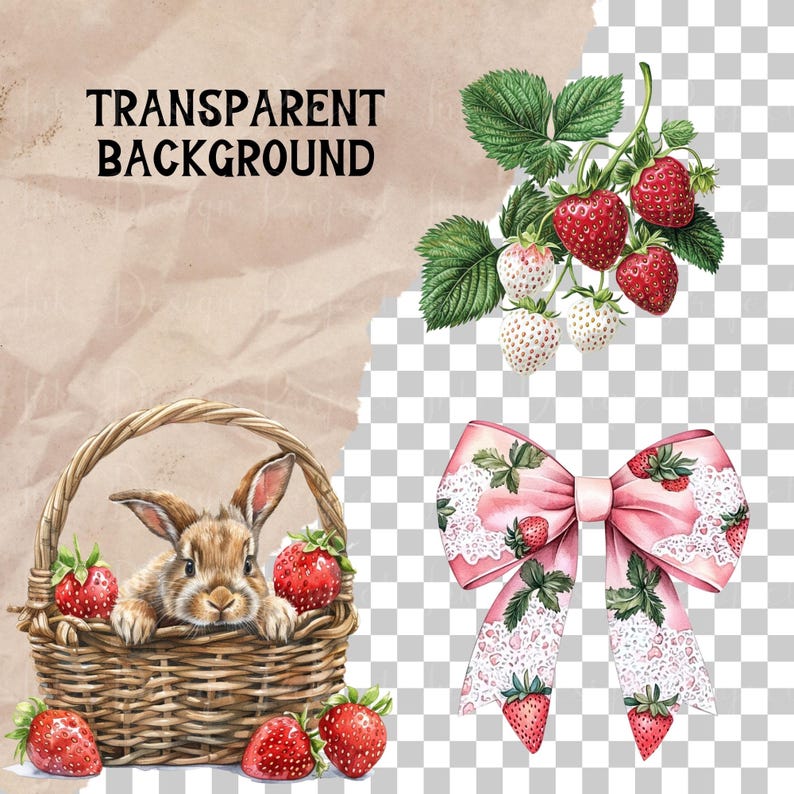 Strawberry Bunny Clipart Bundle, Berry First Birthday PNG, Watercolor ...