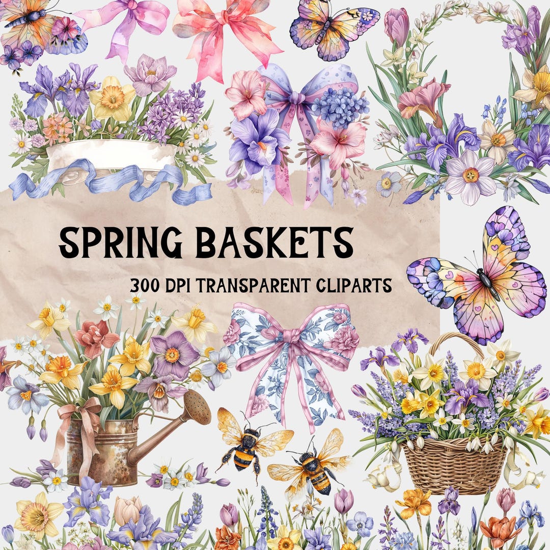 Watercolor Spring Basket Clipart: Floral Chinoiserie, Coquette Bows ...