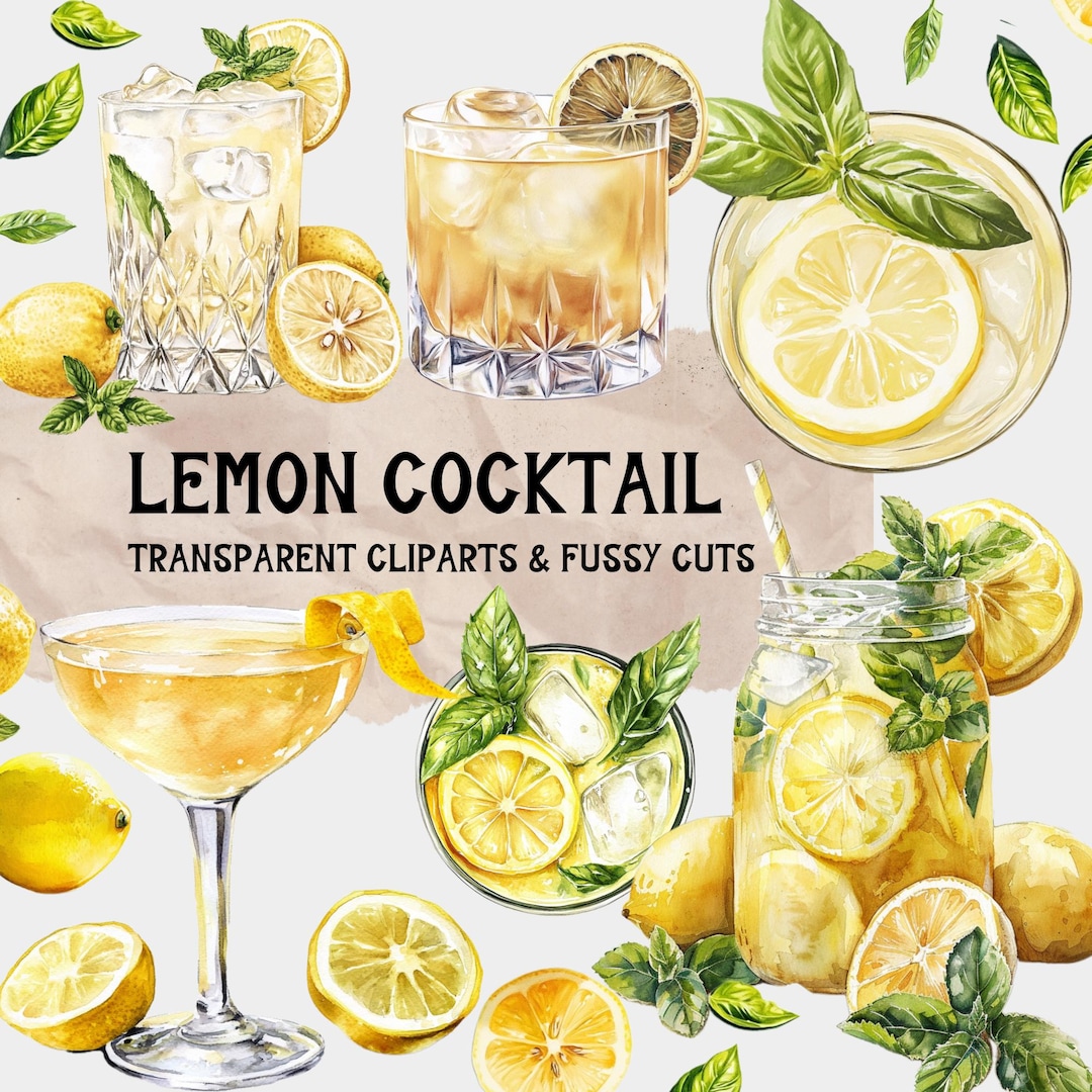 Watercolor Lemon Cocktail Clipart: Limoncello Spritz, Citrus Drinks ...
