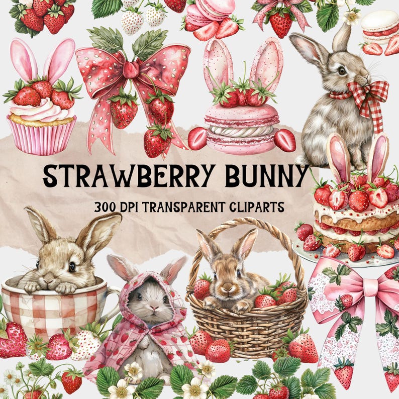 Strawberry Bunny Clipart Bundle, Berry First Birthday PNG, Watercolor ...