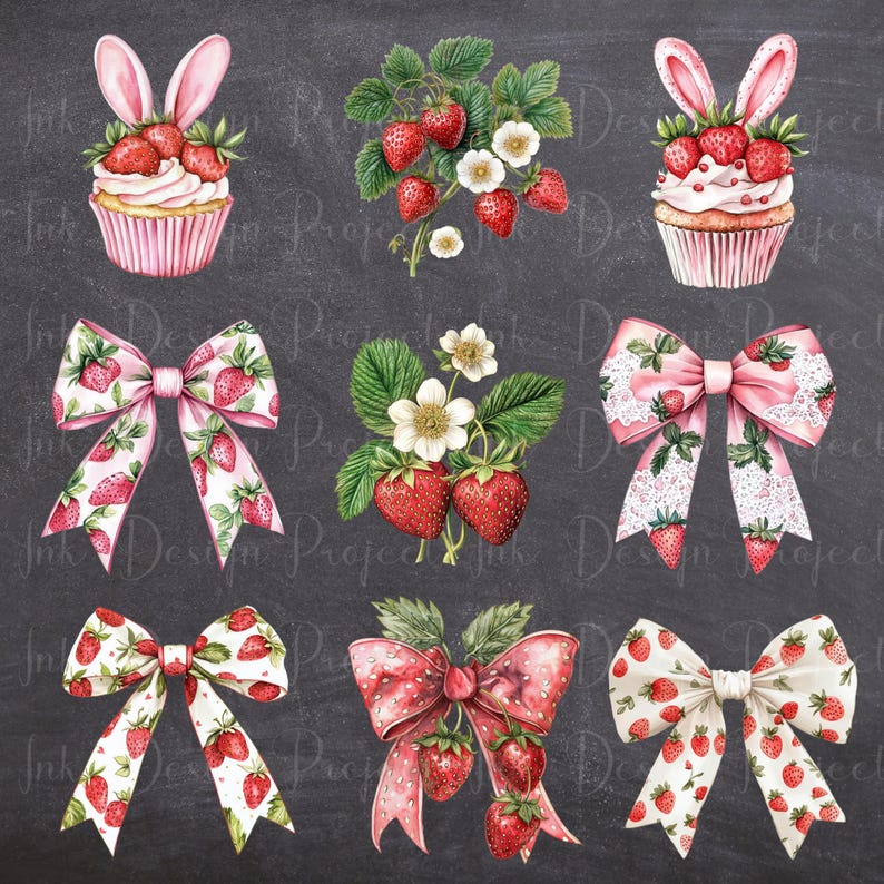 Strawberry Bunny Clipart Bundle, Berry First Birthday PNG, Watercolor ...