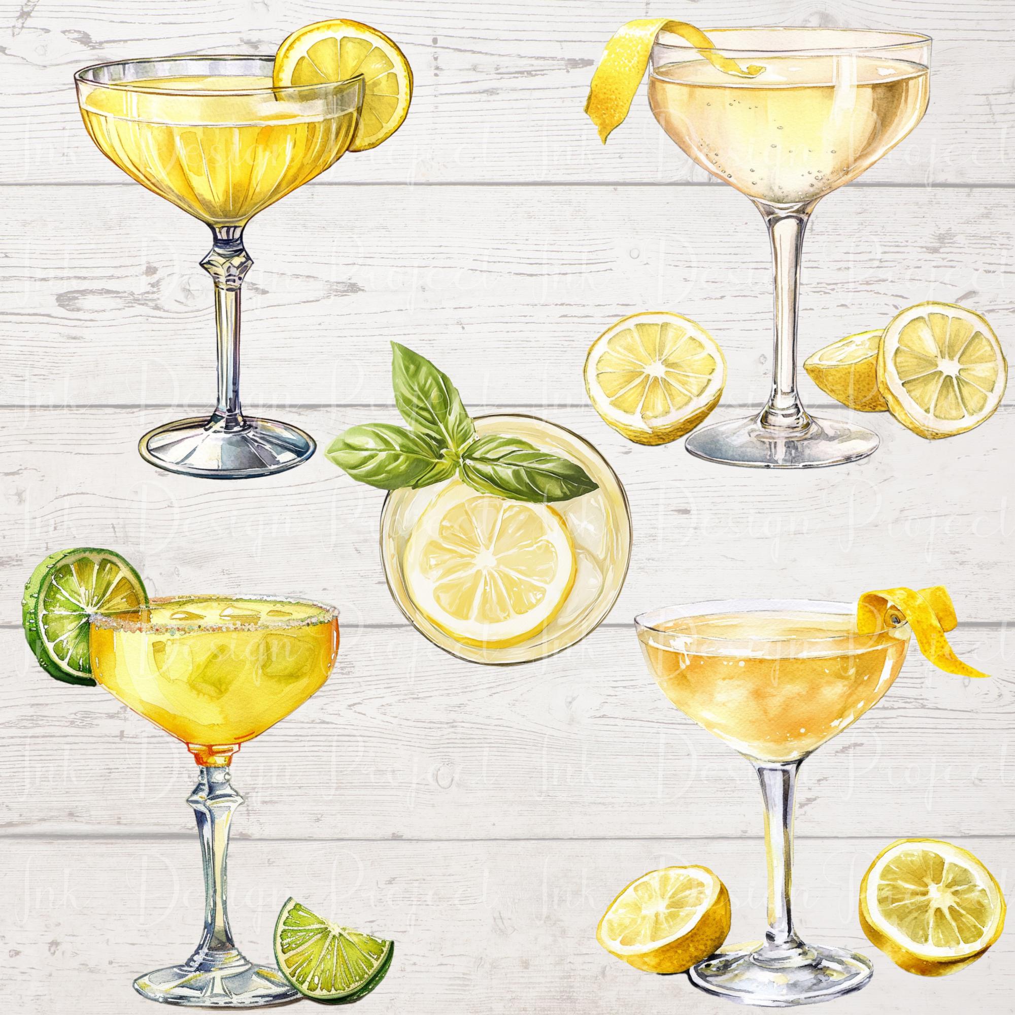 Watercolor Lemon Cocktail Clipart: Limoncello Spritz, Citrus Drinks ...