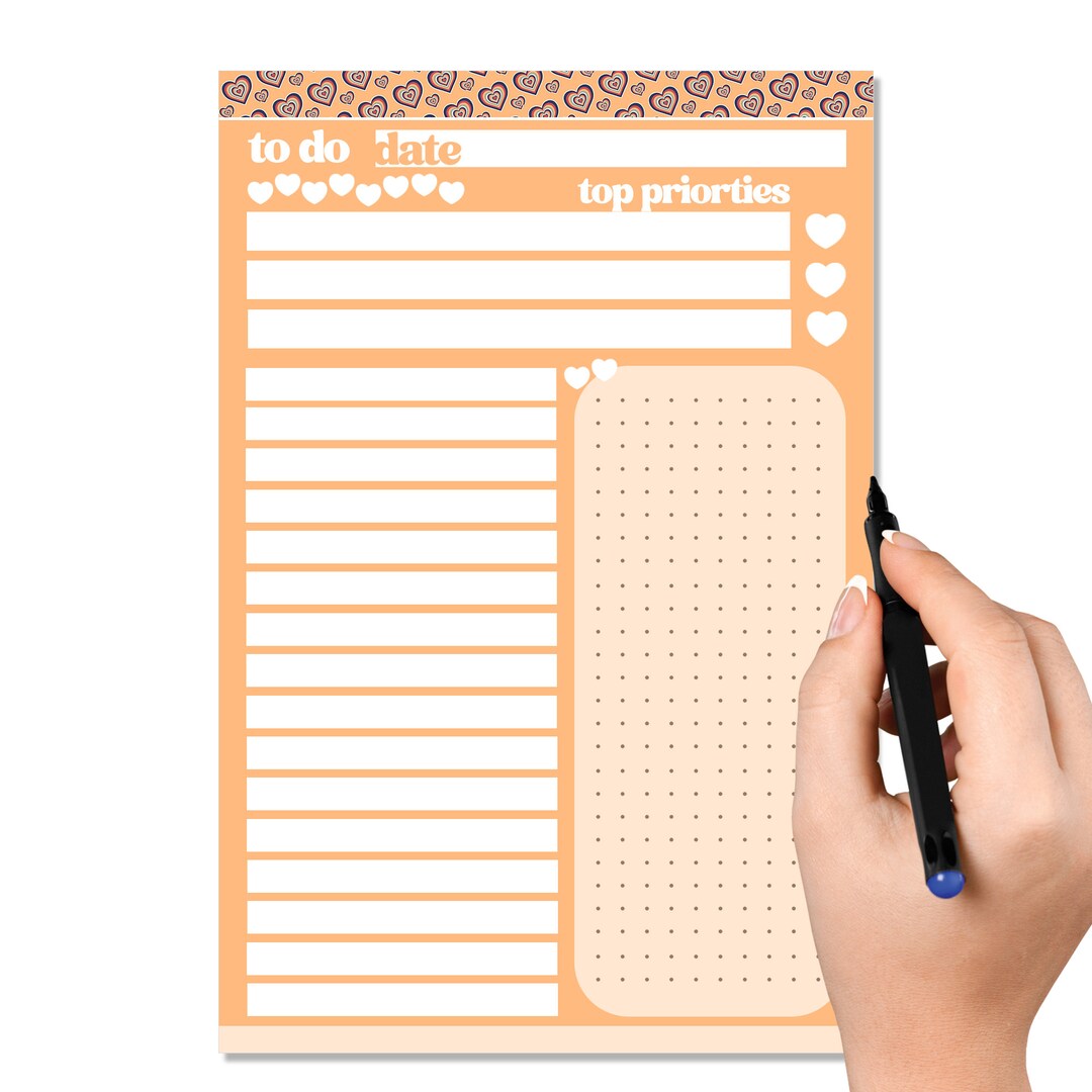 Retro Hearts Orange Daily To-do Pads, Retro Stationery, Handmade Daily ...