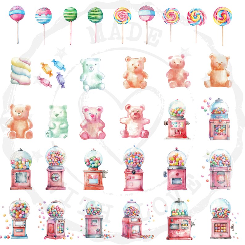 Watercolor Candy Clipart Bundle: Bubble Gum, Sweets, Dispenser (PNG ...