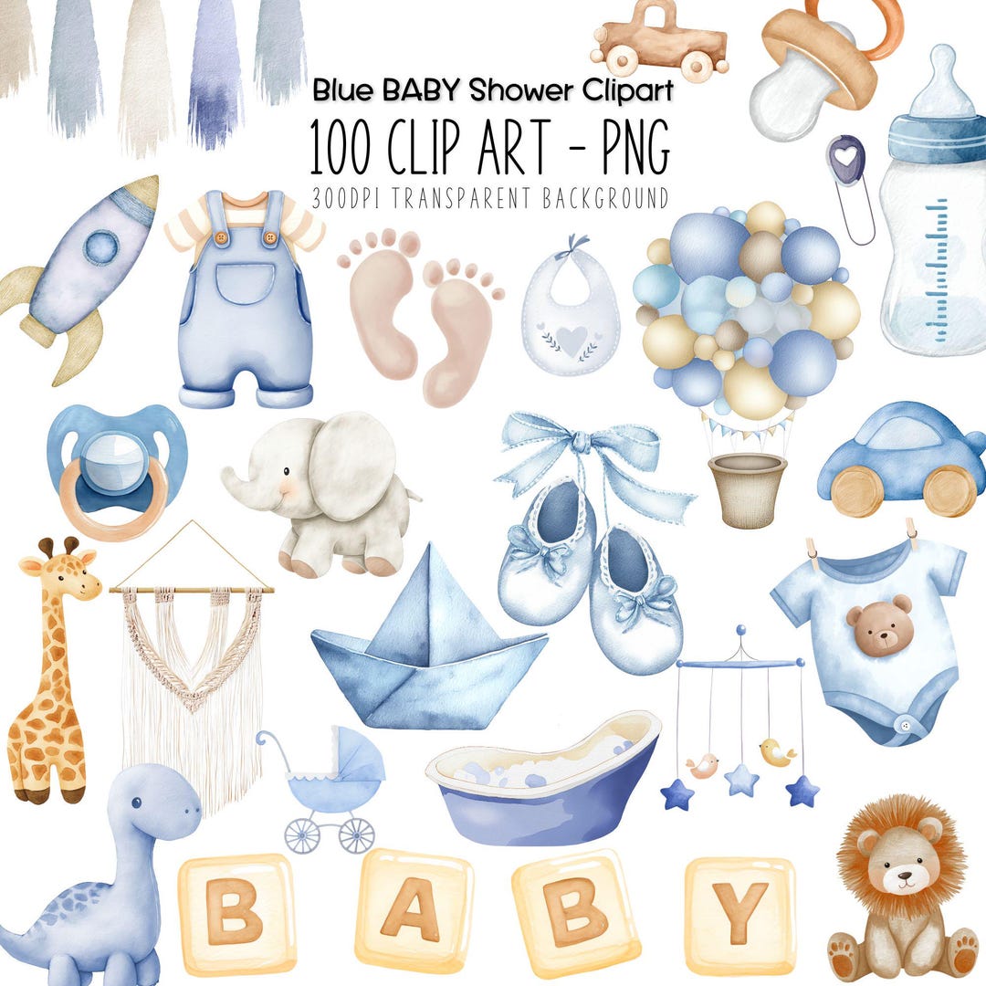 Blue Baby Shower Clipart Watercolor Bundle Png Nursery Prints Trendy ...