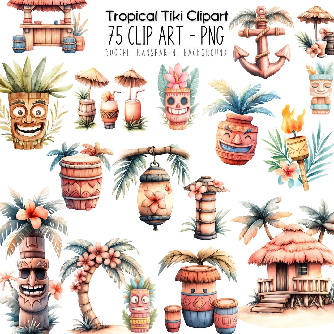 Tropical Tiki Watercolor Clipart Bundle: Beach Vibes PNG (digital ...