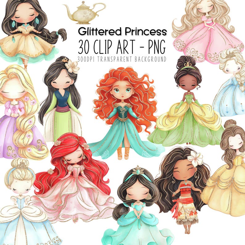 Princess Chibi Clipart Bundle – Glitter Princess PNG, DIY Party ...