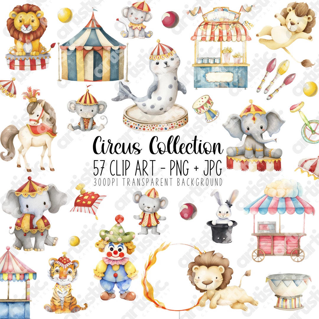 Circus Clipart Bundle, Watercolor Carnival Animals and Characters, Big ...