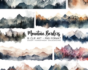 Watercolor Mountain Clipart Borders PNG Bundle, Watercolor Digital ...