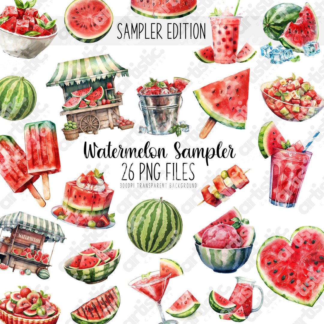 Watercolor Watermelon Clipart Bundle: Summer Fruit PNG Graphics (26 ...