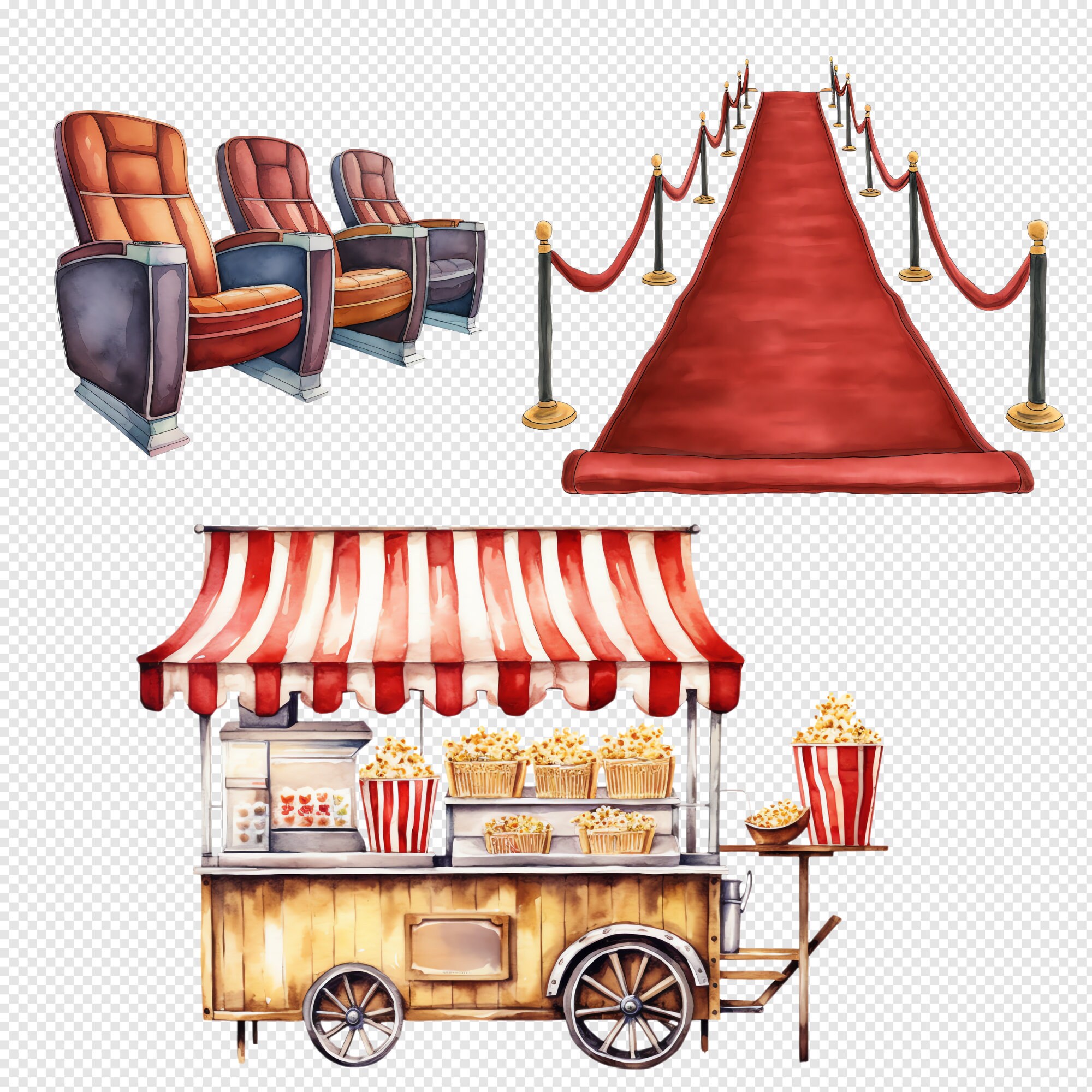 Movie Night Clipart Bundle: Red Carpet, Popcorn, Theater (108 PNG Files ...