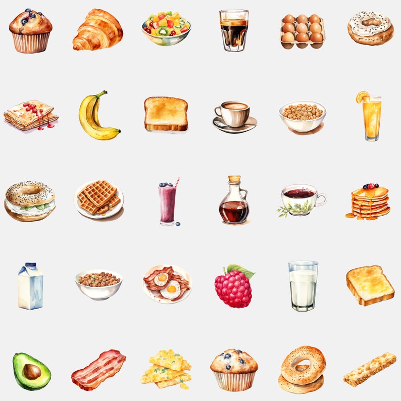 Watercolor Breakfast Clipart Set: Coffee, Tea, Bacon (PNG/JPG) - Etsy