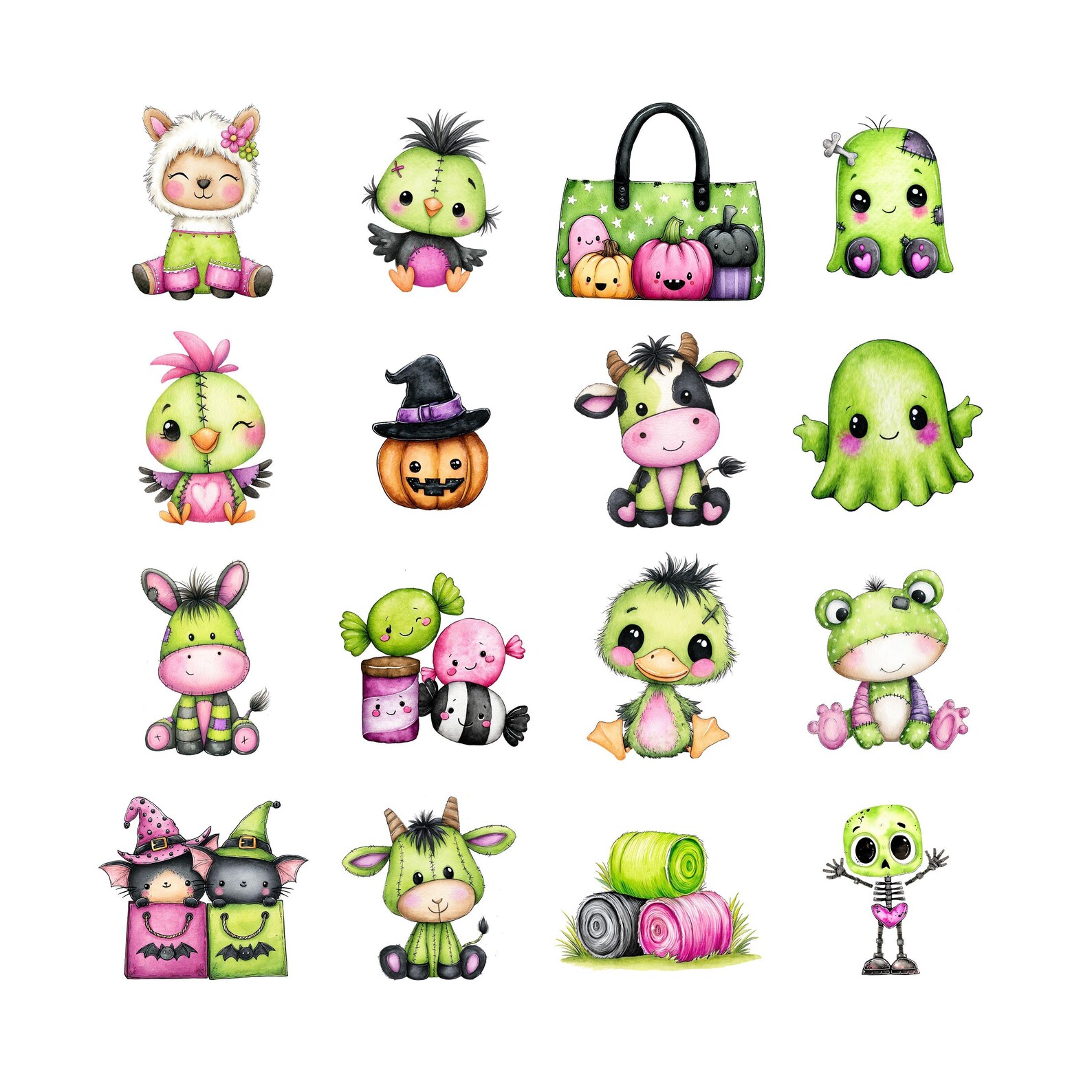 Frankenstein PNG Clipart Bundle, 140 Watercolor Halloween Illustrations ...