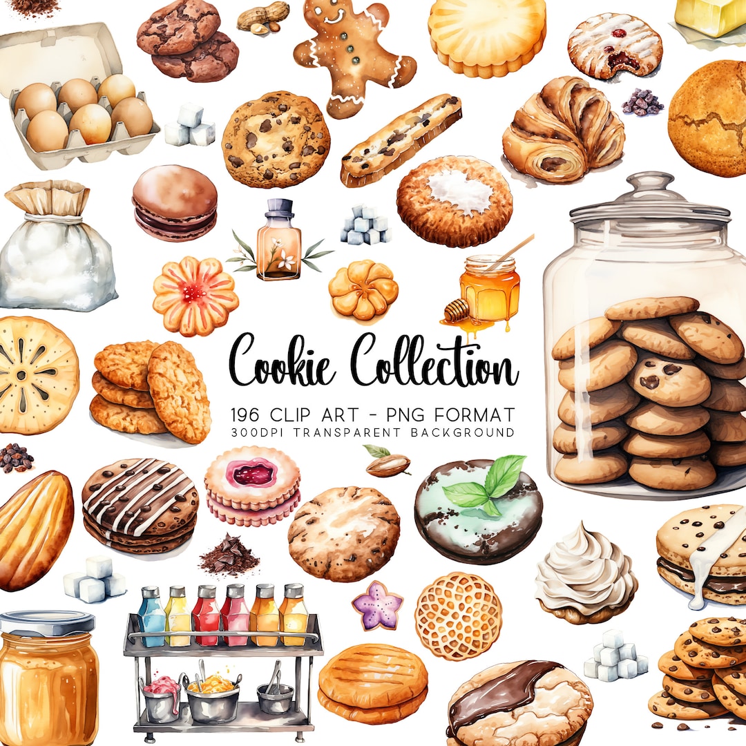 Cookie Clipart Bundle Set, Watercolor PNG/JPG, Transparent Background ...