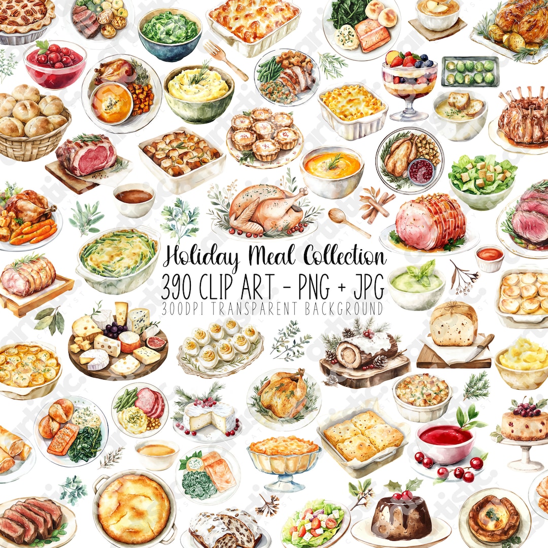 Christmas Menu Clipart - Watercolour Holiday Dinner Pngs, Food ...