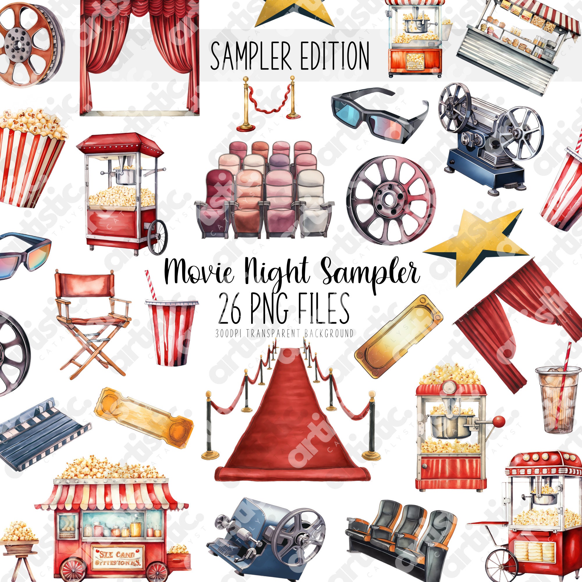 Watercolor Movie Night Clipart: Cinema PNG Images (26 Files) - Etsy