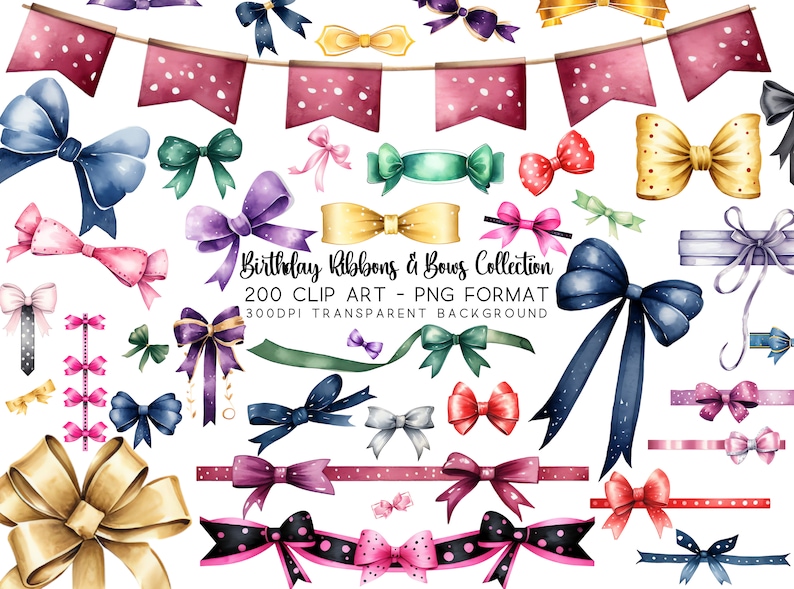 Bow Clipart | Watercolor Ribbon Clip Art Bundle Set | Transparent PNG ...