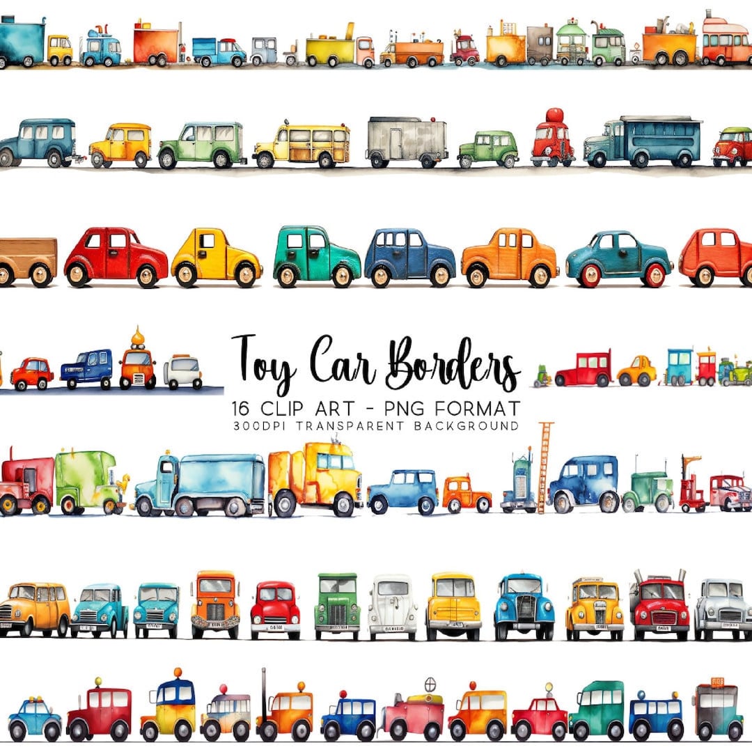 Watercolor Toy Car Border Clipart: PNG/JPG, Kids Nursery (digital ...