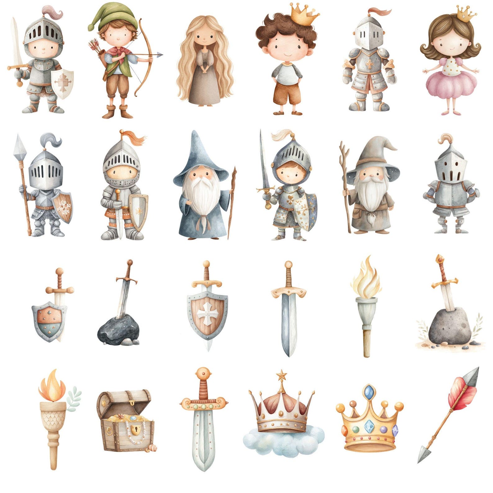 Knight Clip Art Bundle: Medieval Castle, Dragon, Princess Watercolor ...