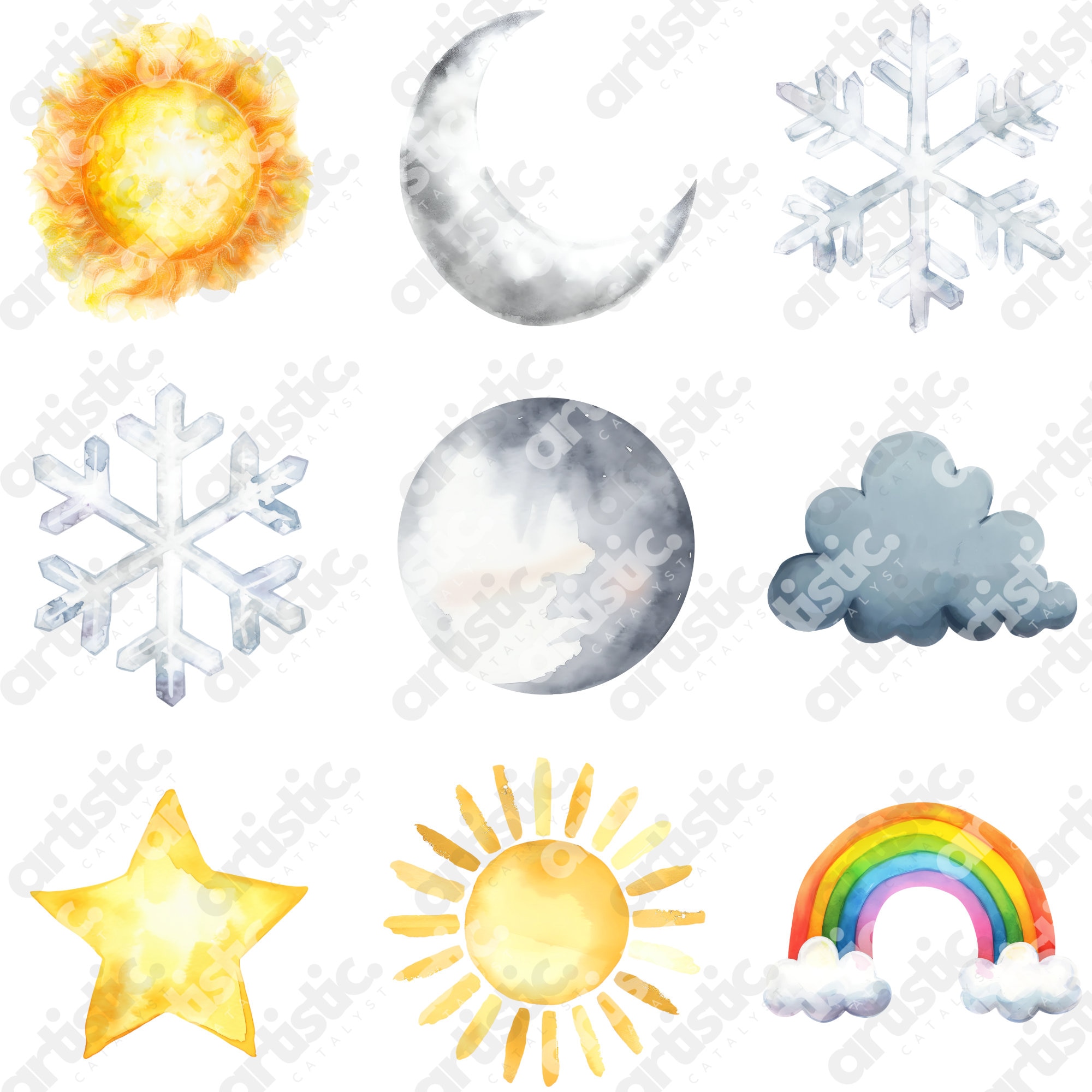 Watercolor Weather Clipart Bundle: Rainbow, Sun, Clouds (PNG Digital ...