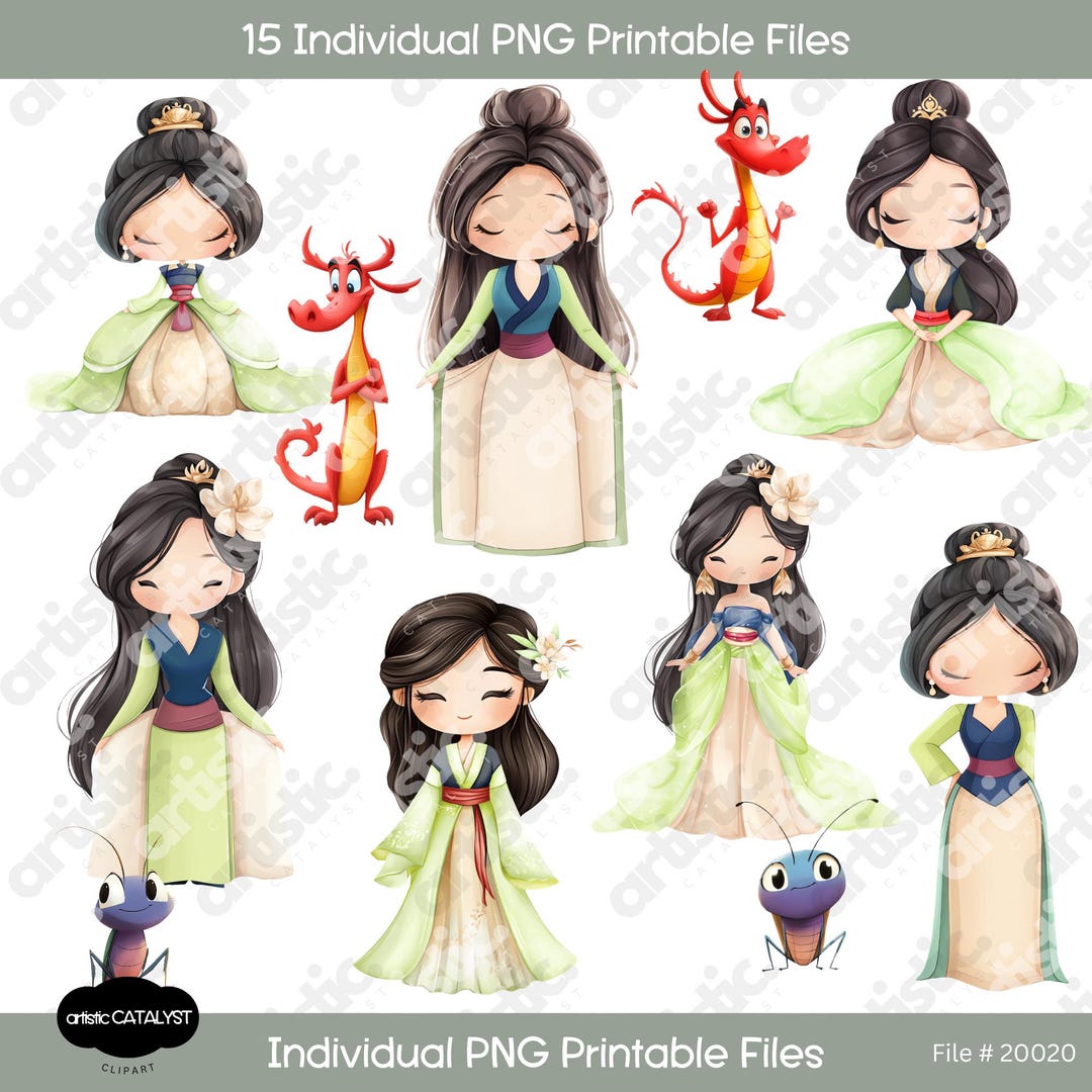 Princess Mulan Clipart Bundle: Chibi Ornaments, Dragon Stickers (PNG ...