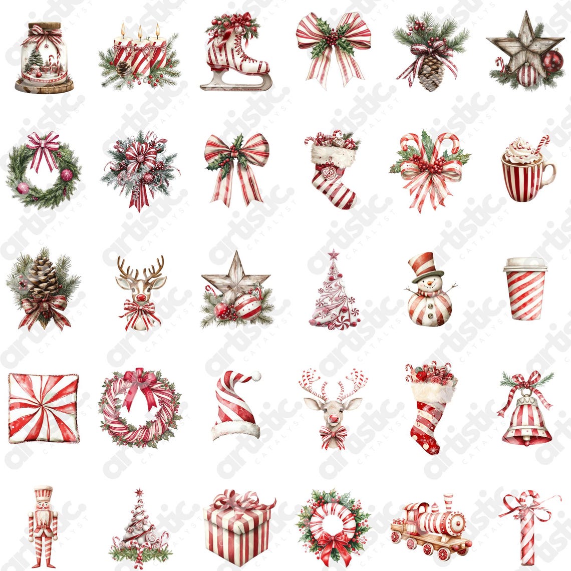 Christmas Clipart Watercolor Bundle: Peppermint Candy Canes (130 PNG ...