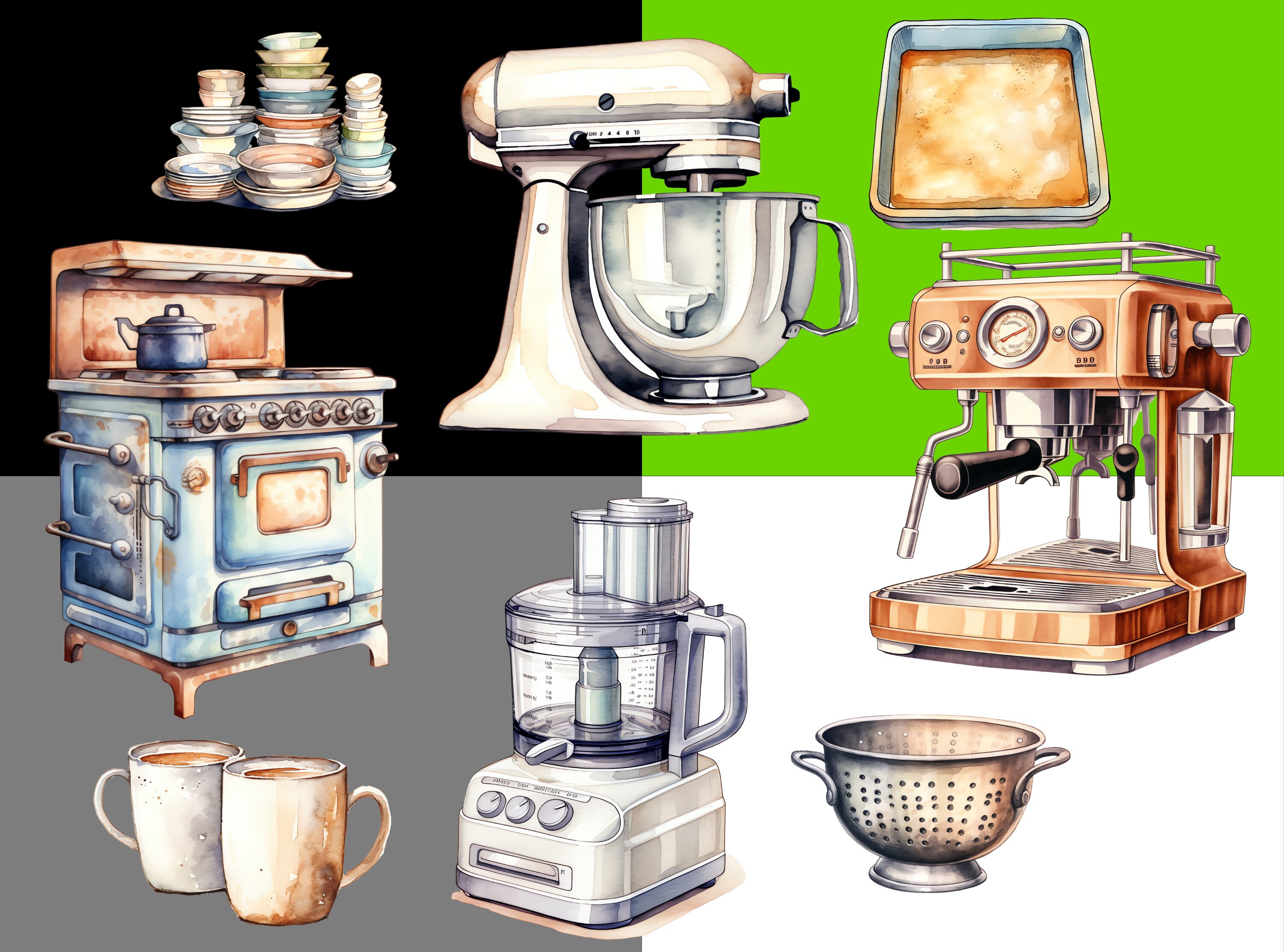 Kitchen Clipart Bundle, Watercolor PNG/JPG, Transparent Background, DIY ...